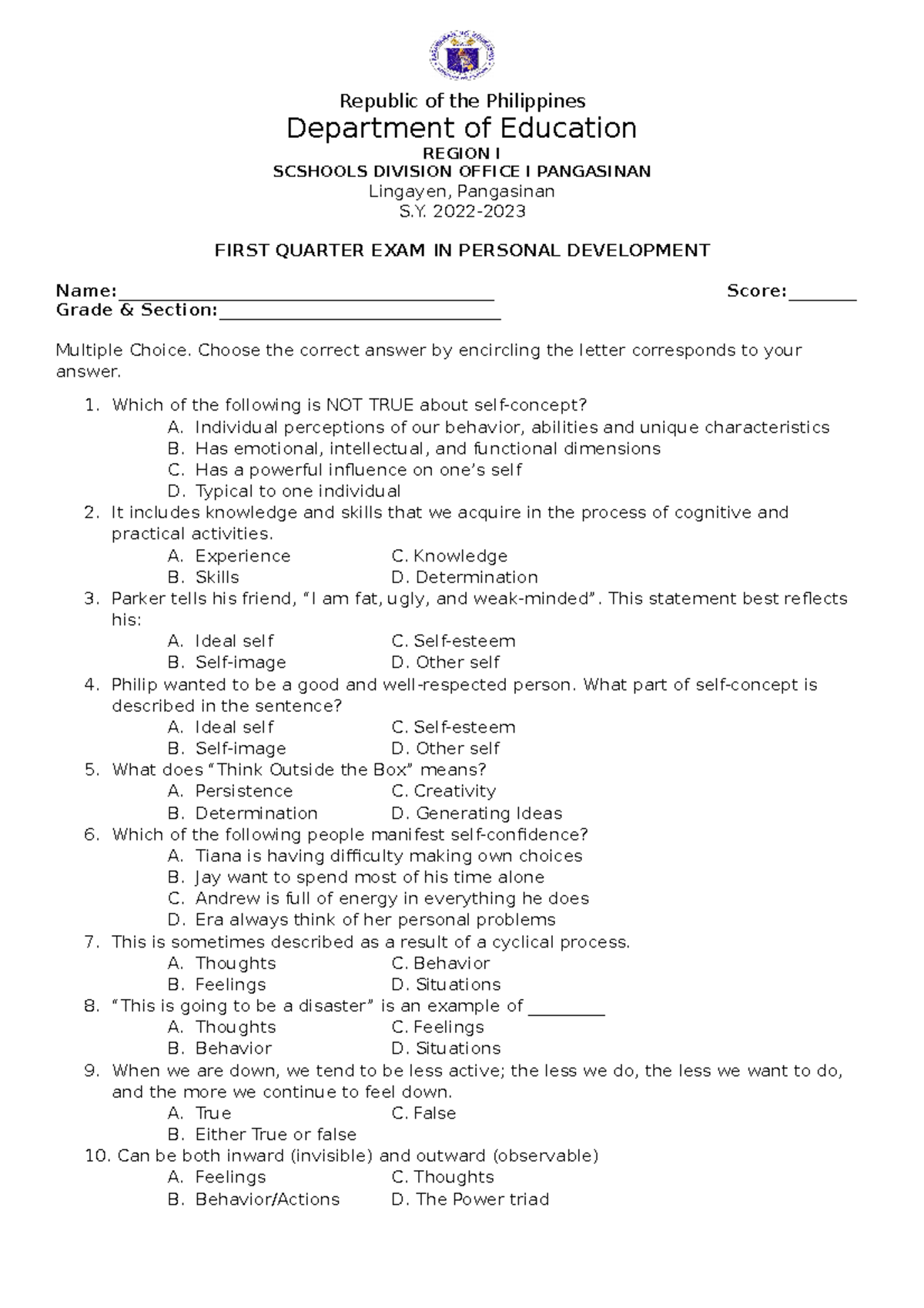Personal-Development-Exam - Republic of the Philippines Department of ...
