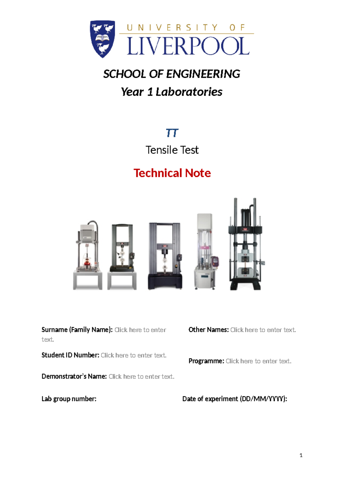 TT Technical Note - Year 1 Laboratories - SCHOOL OF ENGINEERING Year 1 ...