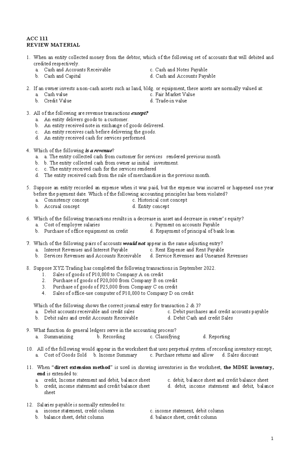 ACC 111 Review Material - ACC 111 REVIEW MATERIAL When an entity collected money from the debtor ...