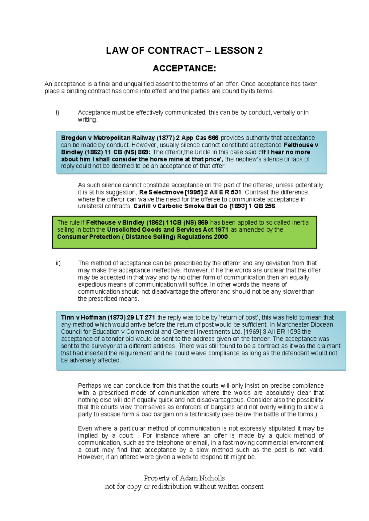 Week 2 - Acceptance Notes - Tagged - LAW OF CONTRACT – LESSON 2 ...