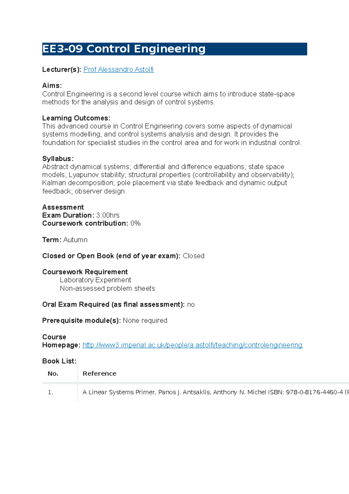 Control Engineering - Summary - Control Engineering Lecturer(s): Prof ...