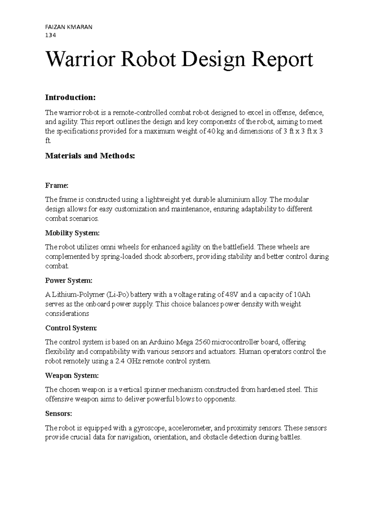 Warrior Robot Design Report - FAIZAN KMARAN 134 Warrior Robot Design ...