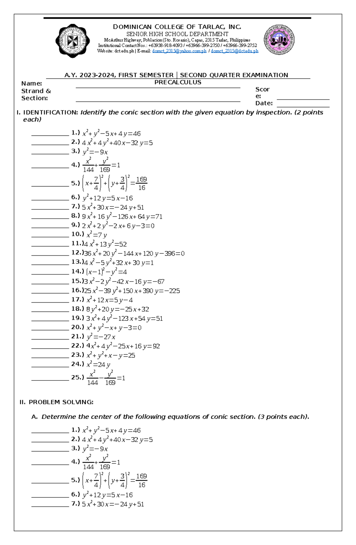 Precalculus 2ND Quarter EXAM - Name: Strand & Section: I ...