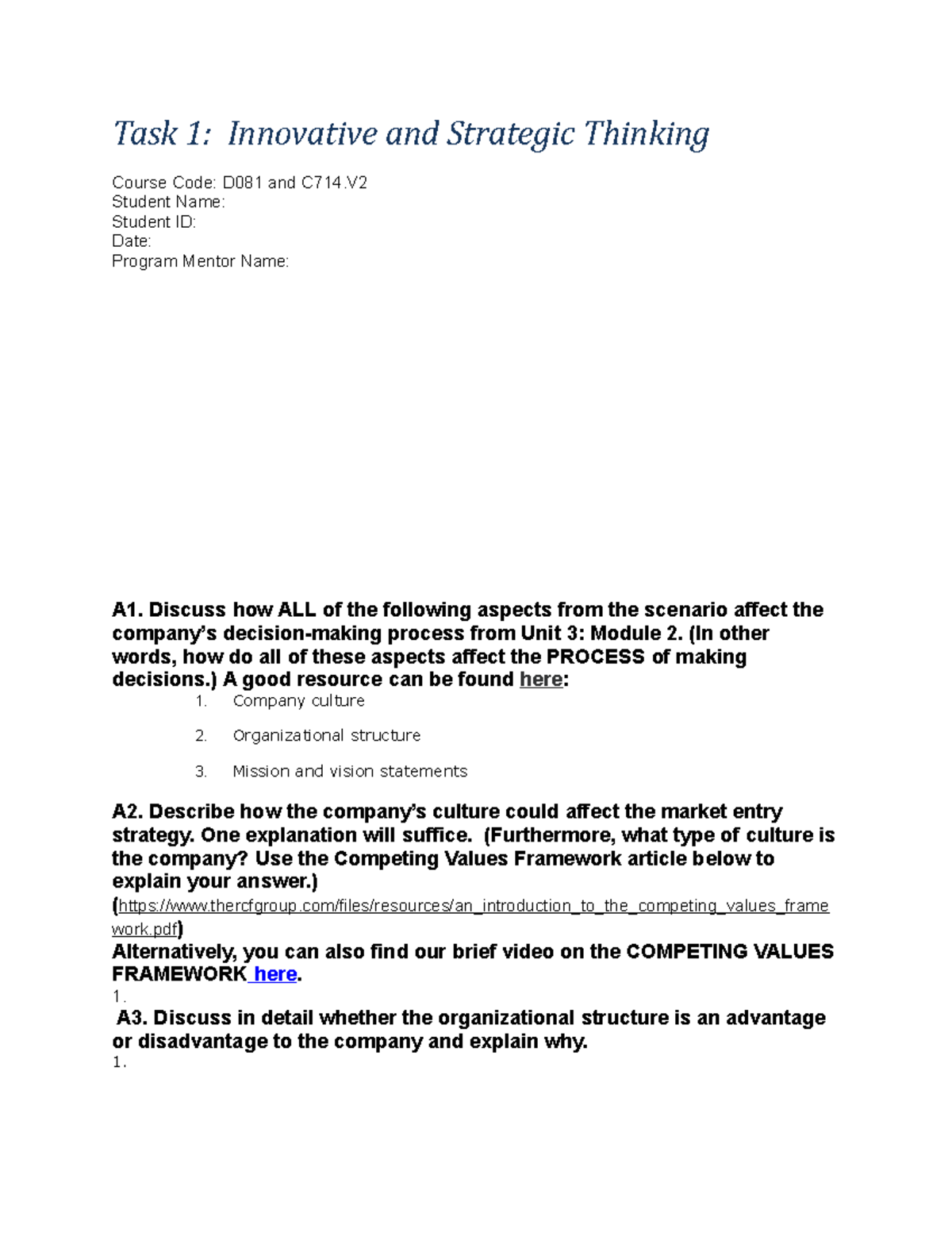 Task One Template Foundation - Task 1: Innovative and Strategic ...