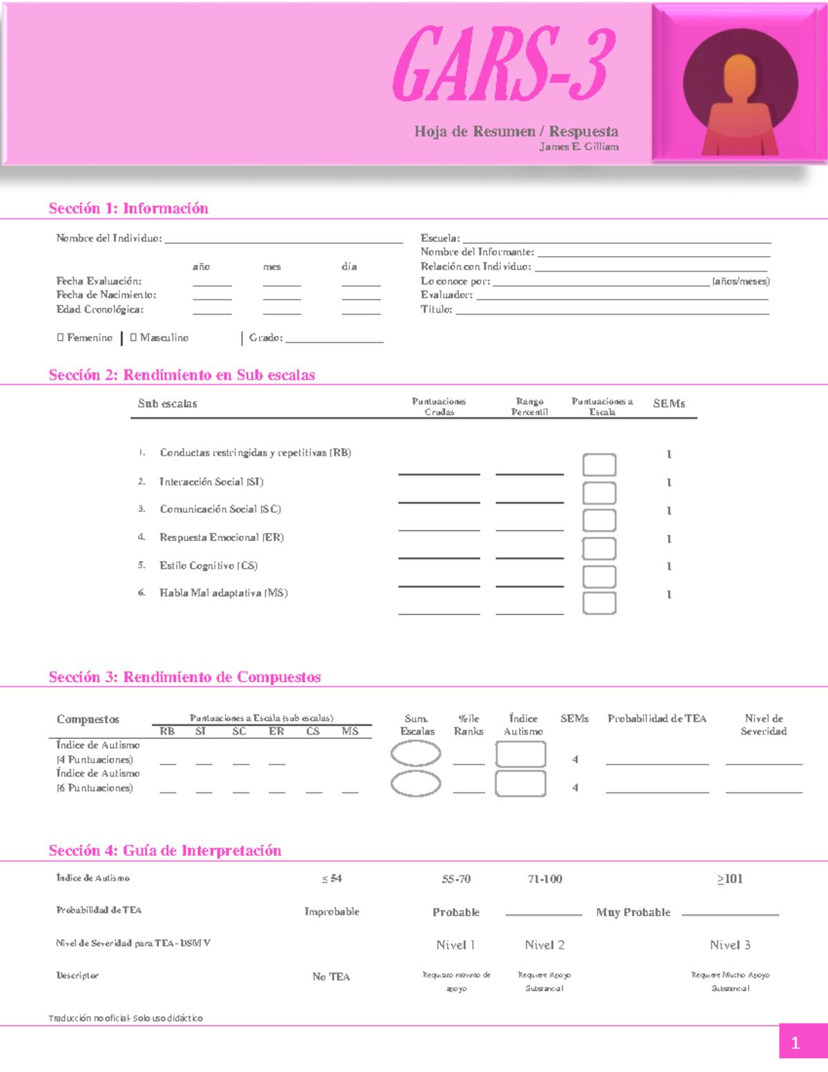 Protocolo GARS 3 - Traducción no oficial- Solo uso didáctico GARS- Sección 1: Información Nombre ...