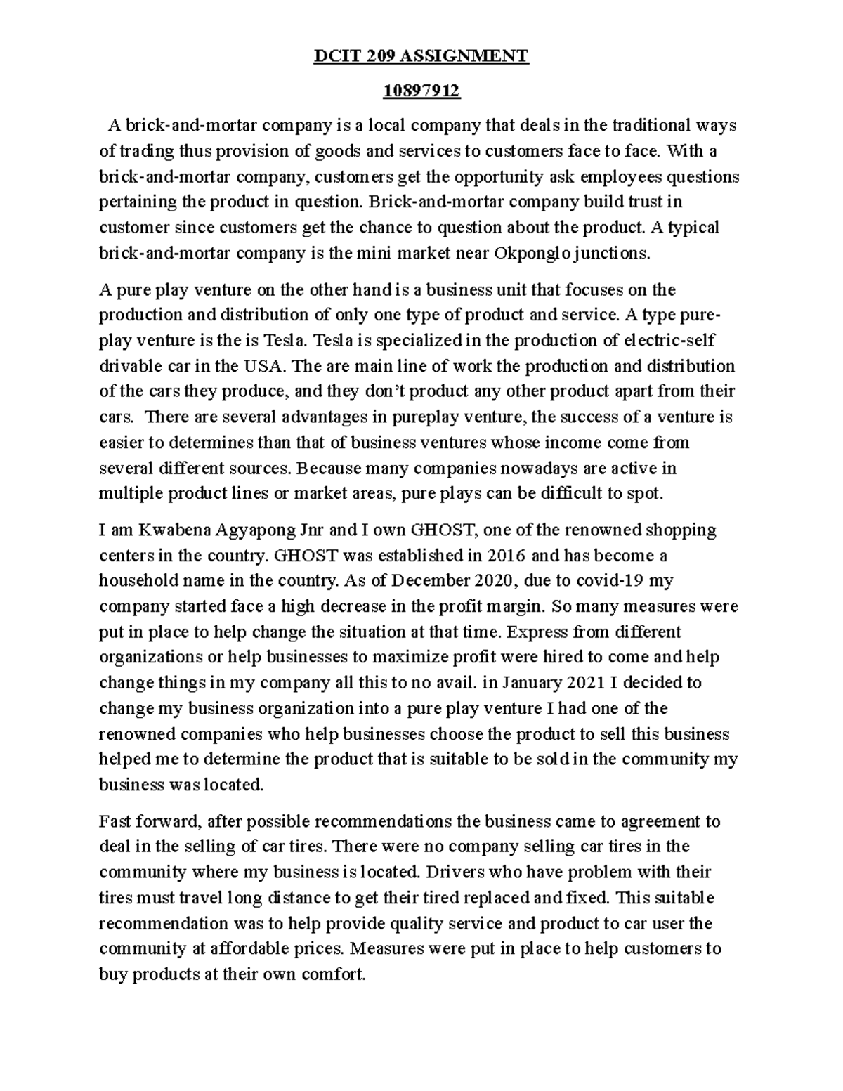 DCIT 209 Assignment 3 - Summary - DCIT 209 ASSIGNMENT 10897912 “A brick-and-mortar company is a ...