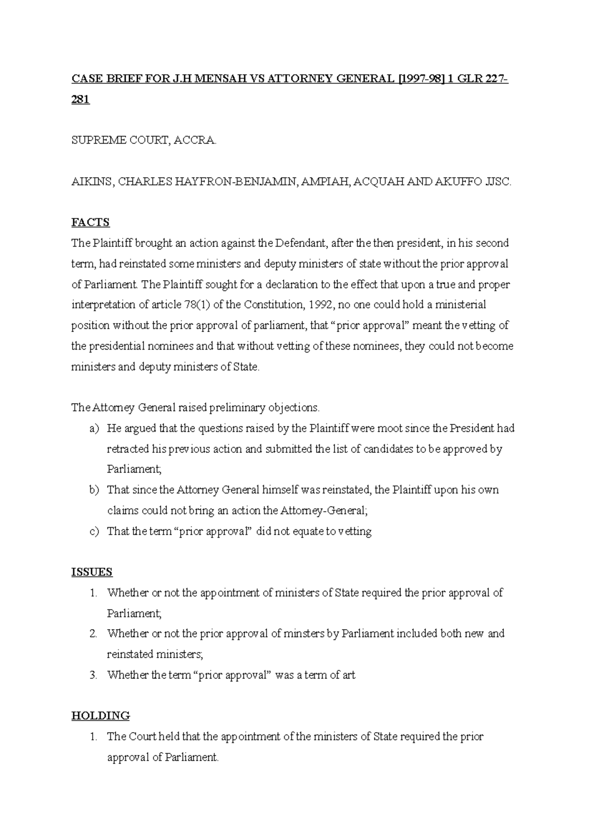 CASE Brief FOR J.H Mensah V Attorney General - CASE BRIEF FOR J MENSAH ...