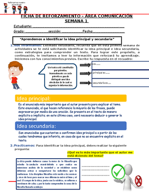 5° Ficha DE Reforza. Sesión 1y2 EXP - C. FICHA DE REFORZAMIENTO Semana N° Sesión 1y ÁREA: - Studocu
