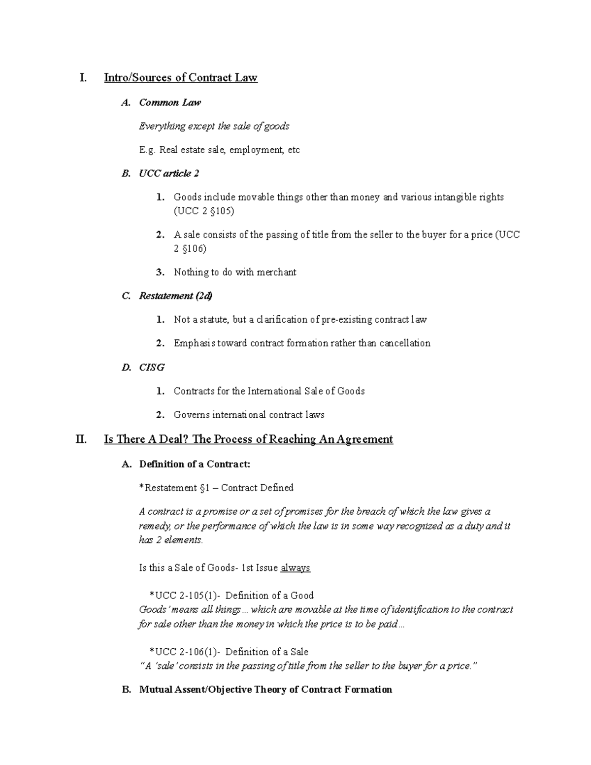 Contracts Outline - I. Intro/Sources of Contract Law A. Common Law ...