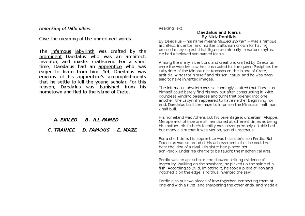 Daedalus and Icarus - reference - Unlocking of Difficulties: Give the ...