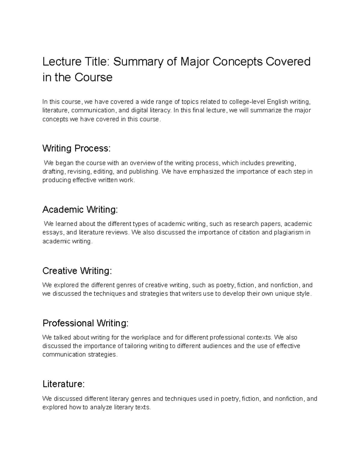 Advanced Foundations of College English (EGL-0090) Lecture 45- Summary ...