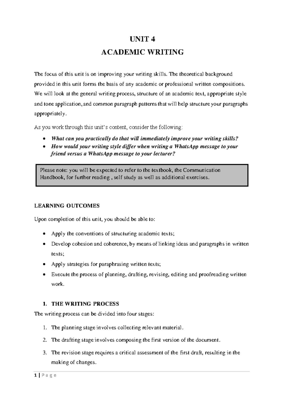 UNIT 4 Notes - UNIT 4 ACADEMIC WRITING The focus of this unit is on ...