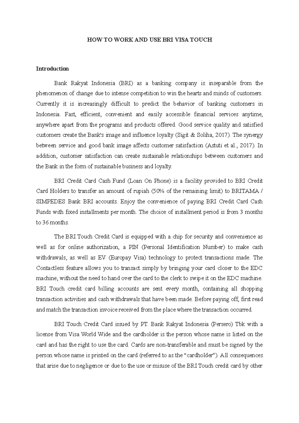 Report - NOTE - HOW TO WORK AND USE BRI VISA TOUCH Introduction Bank ...