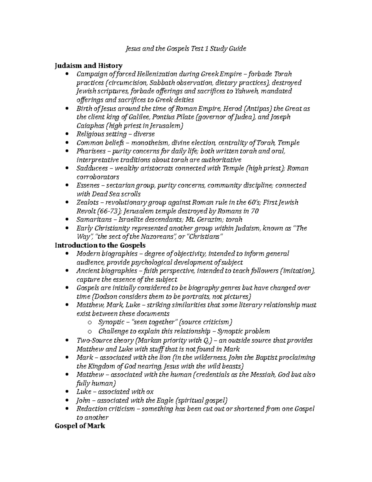 Religion Test 1 Study Guide - Jesus and the Gospels Test 1 Study Guide ...