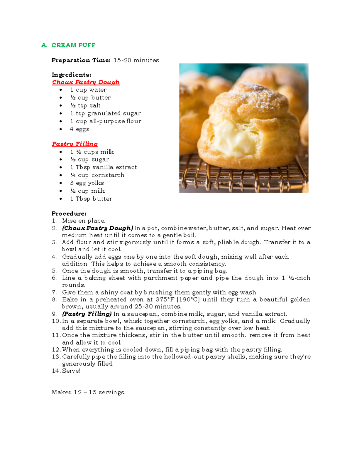 BPP Recipe Cream Puffs - A. CREAM PUFF Preparation Time: 15 - 20 ...