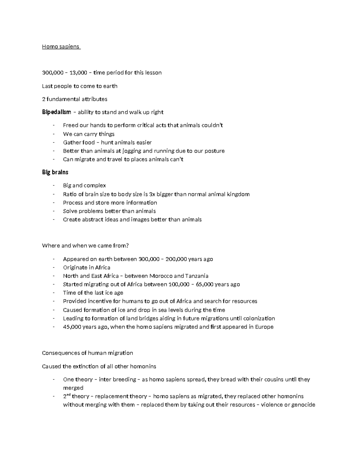 history 1 exam lecture notes - Homo sapiens 300,000 – 13,000 – time ...