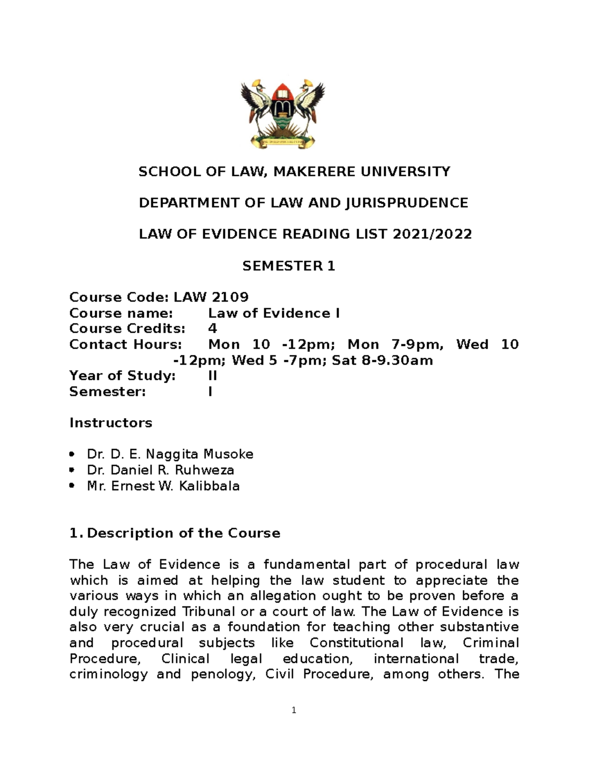 LLB2 Law of Evidence Reading List Sem1 - SCHOOL OF LAW, MAKERERE ...