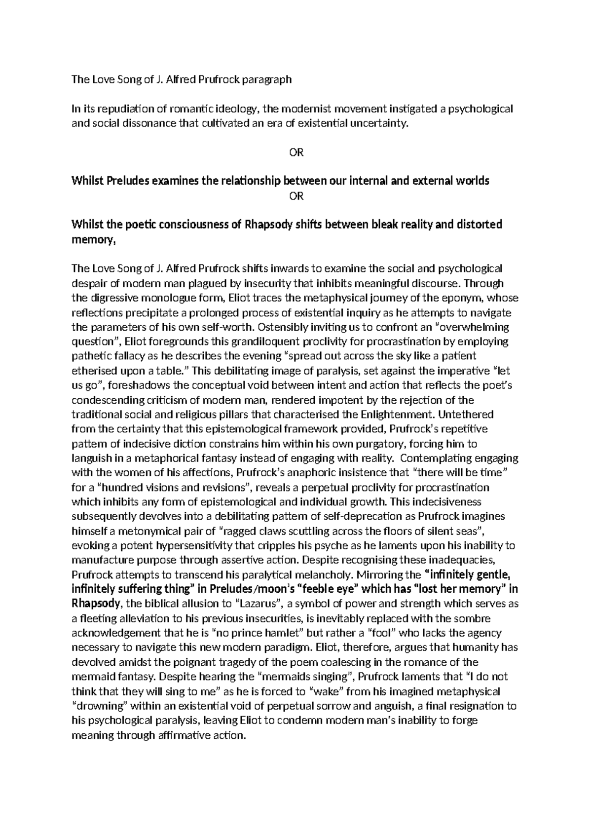 The Love Song of J Alfred Prufrock Paragraph - The Love Song of J ...