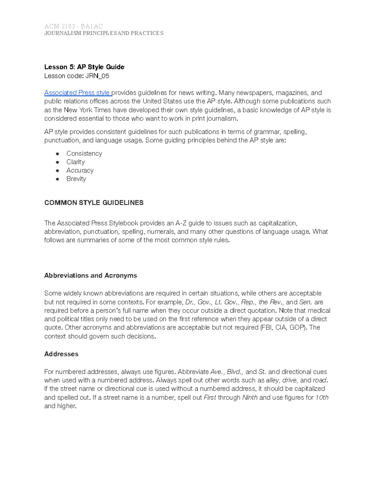 ACM 2103 - V. AP Style Guide - ACM 2103 - BA1AC JOURNALISM PRINCIPLES ...