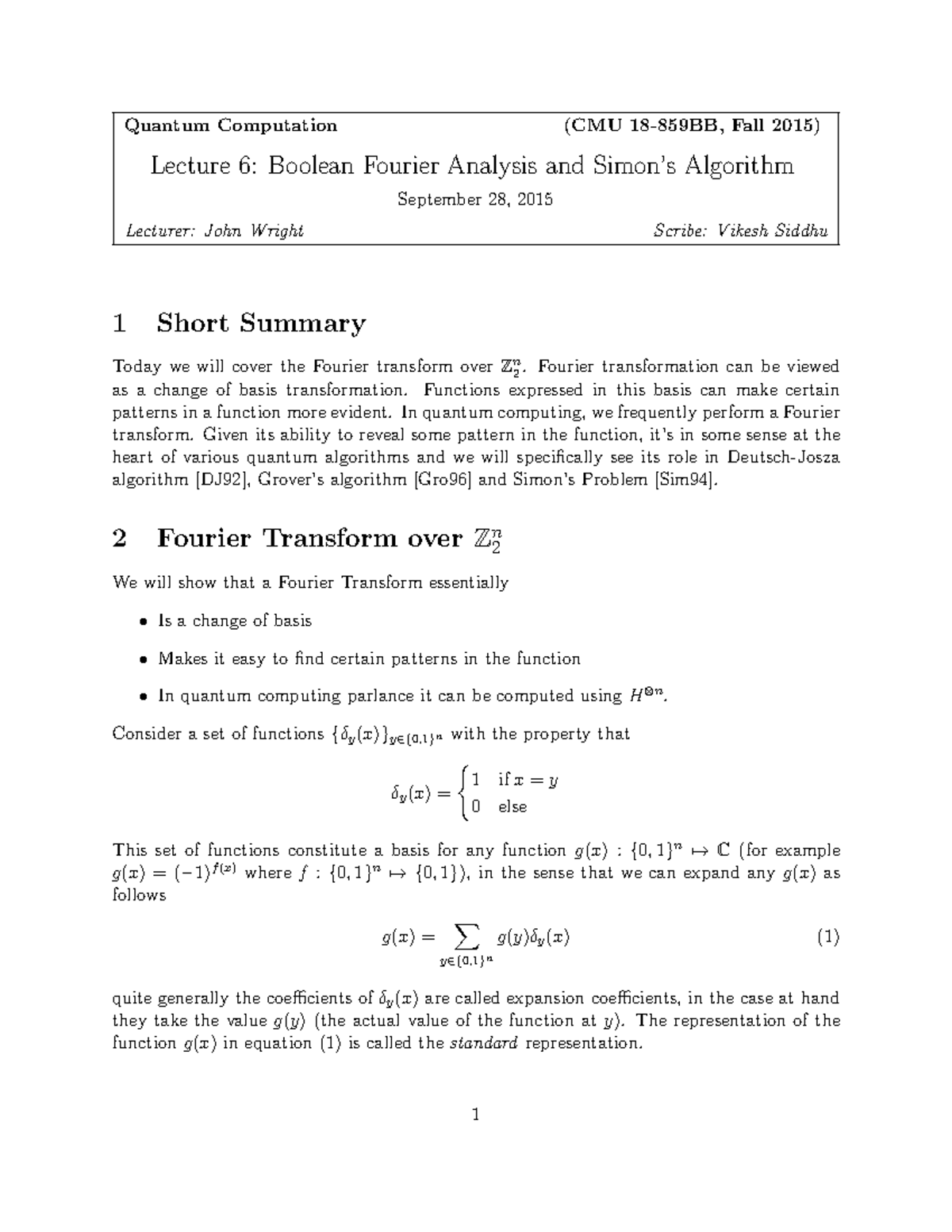 Lecture 06 Quantum Computation Cmu 18 859bb Fall 2015 Lecture 6