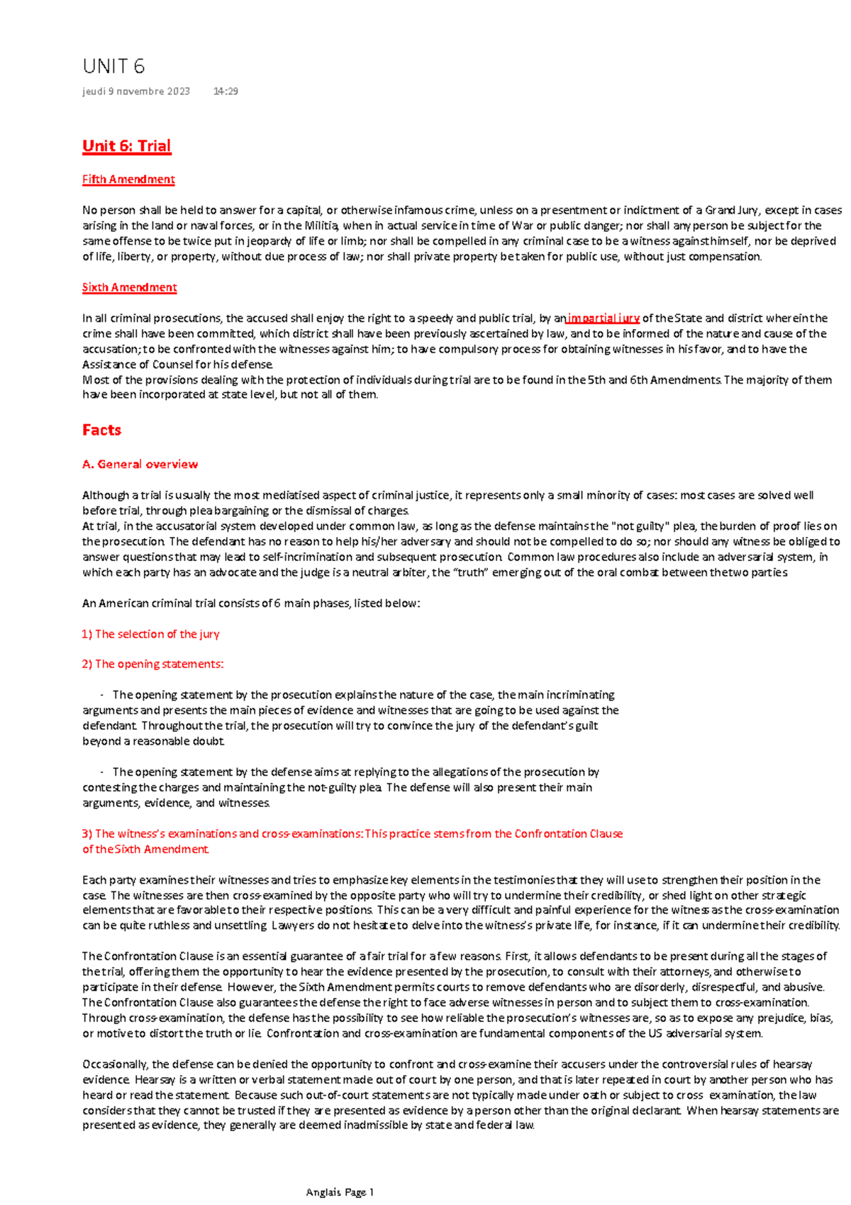 UNIT 6 legal english - Unit 6 - Unit 6: Trial Fifth Amendment No person ...