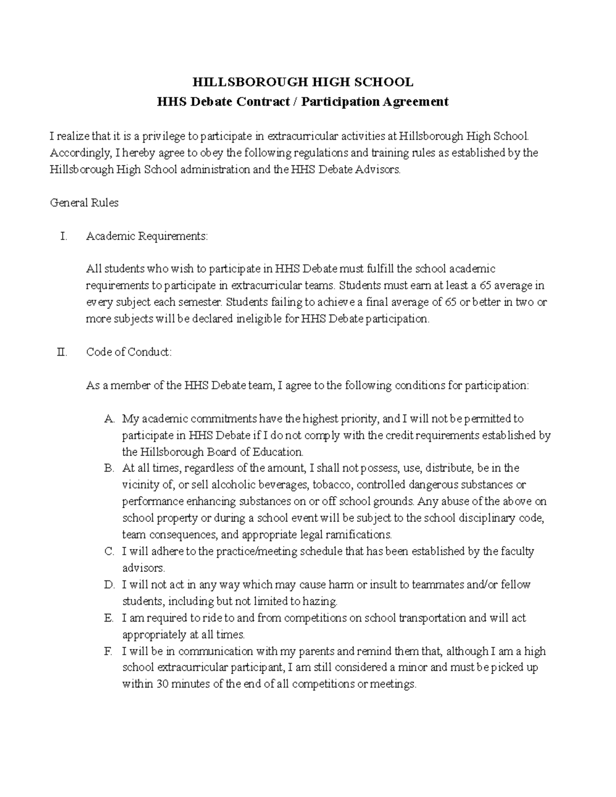 Debate Participation Agreement - HILLSBOROUGH HIGH SCHOOL HHS Debate Contract / Participation ...