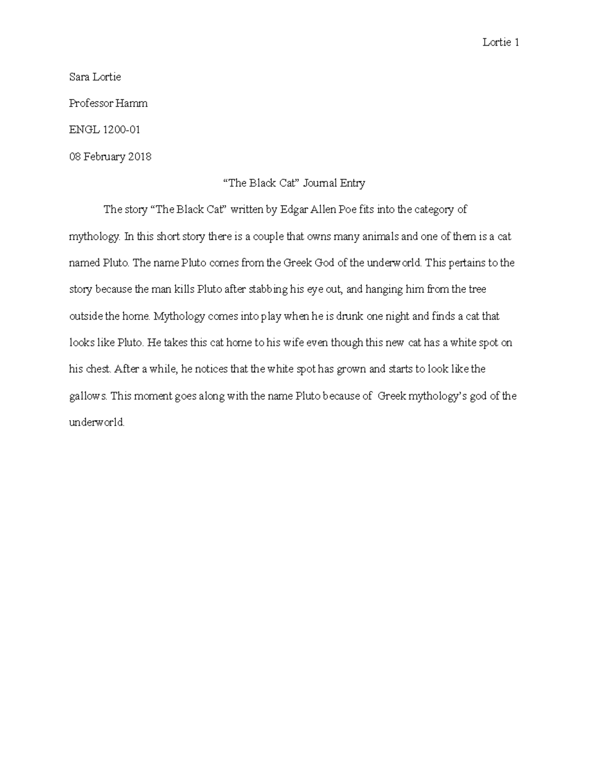 Writing II- The Black Cat Journal Entry - Lortie 1 Sara Lortie ...