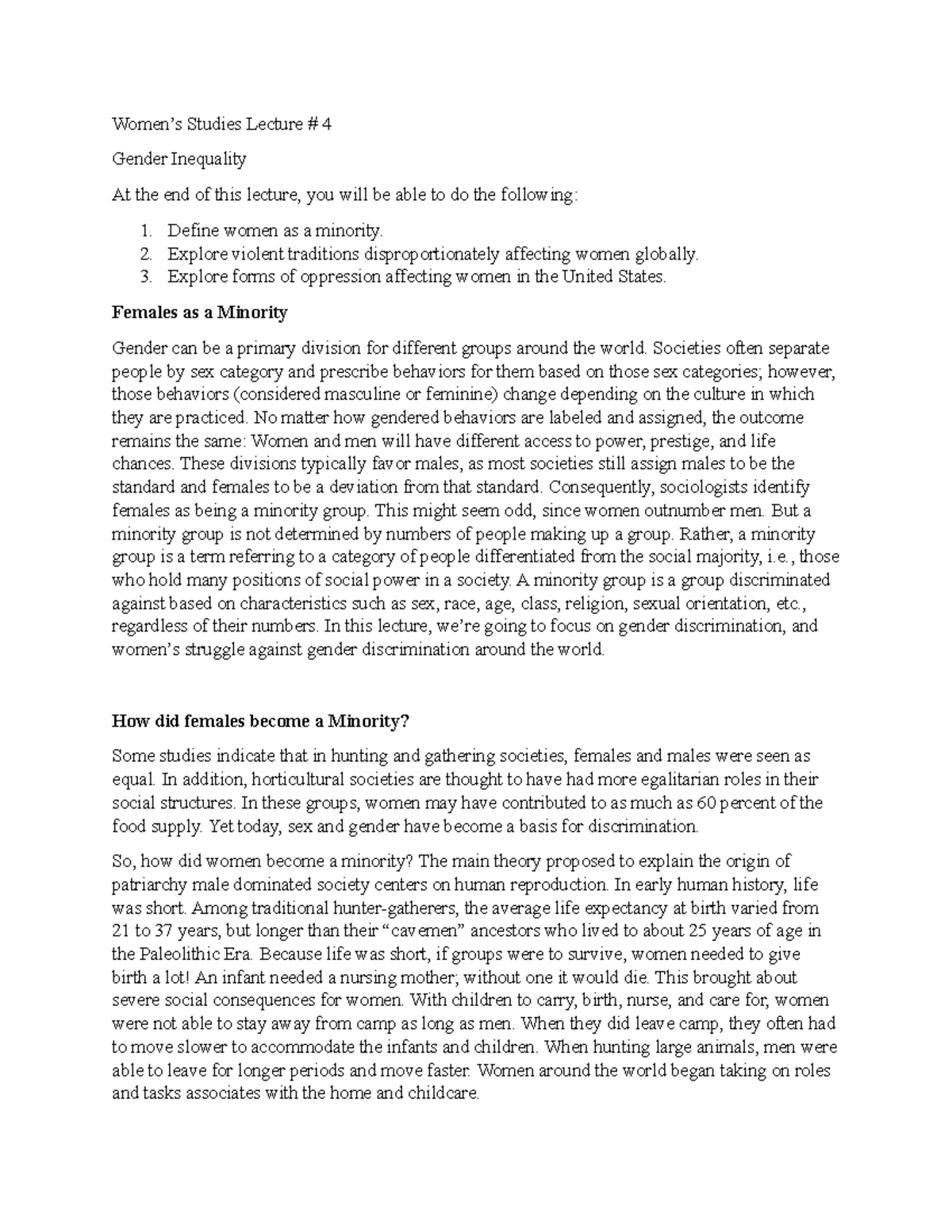 WSL4 - Lecture Notes for Women’s Studies. - Women’s Studies Lecture # 4 ...