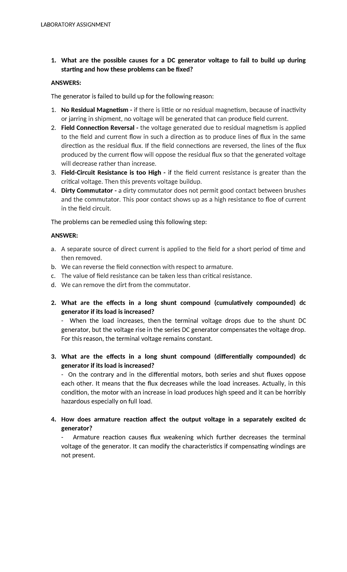 LAB04 DC Machines - Laboratory Assignment - LABORATORY ASSIGNMENT 1. What are the possible ...