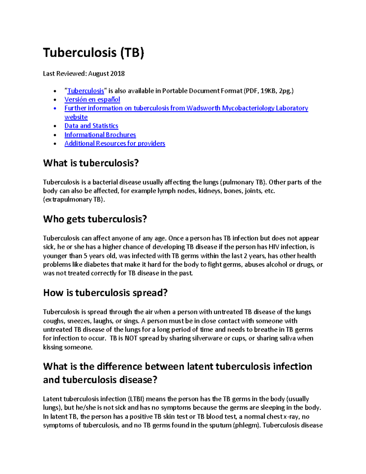 Fact sheet - Tuberculosis (TB) Last Reviewed: August 2018 "Tuberculosis ...