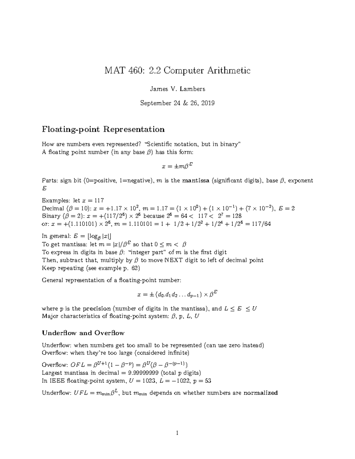 Notes 0924 - 2.2 - Computer Arithmetic - MAT 460: 2 Computer Arithmetic ...