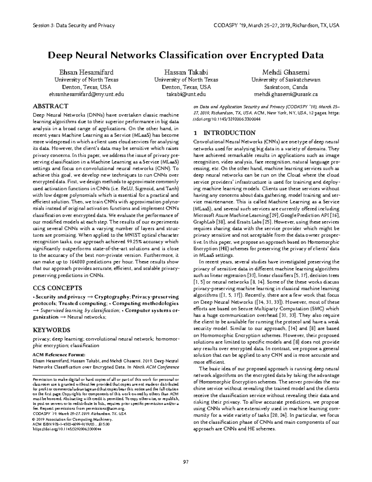 Hesamifard 2019 - other - Deep Neural Networks Classification over Encrypted Data Ehsan ...