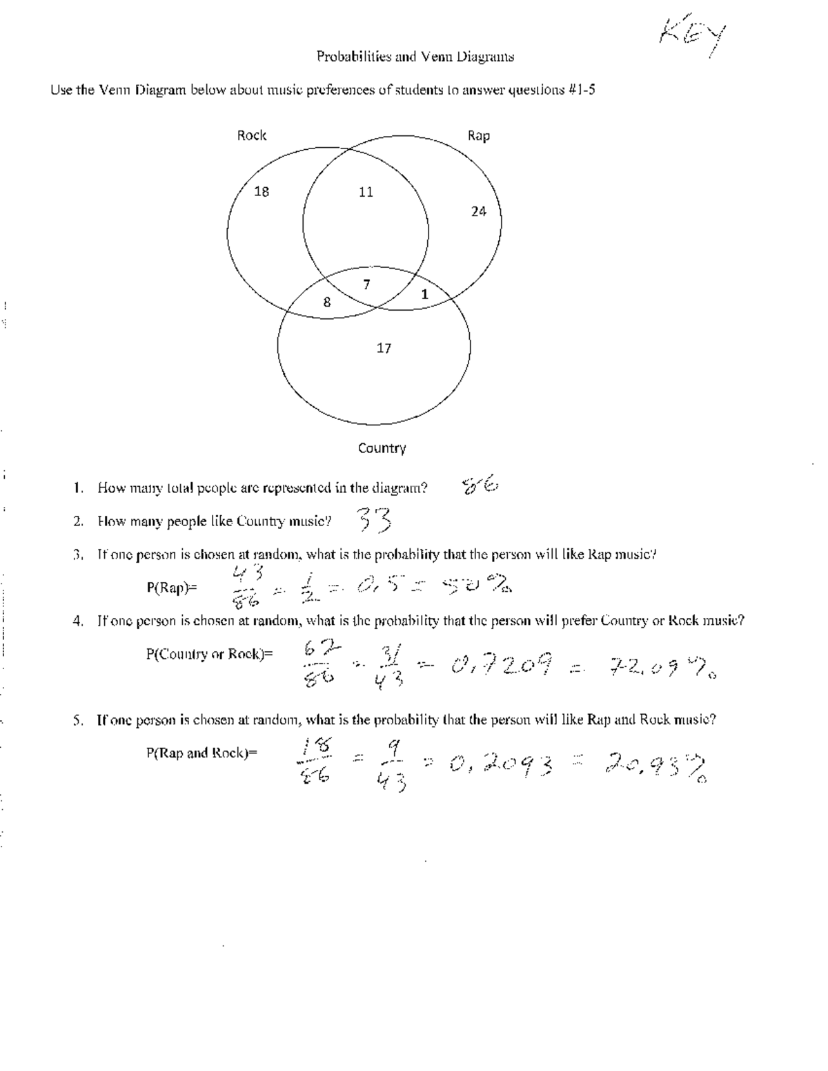 Venn Diagrams and Probability Review Answer Key - Probabilities and ...