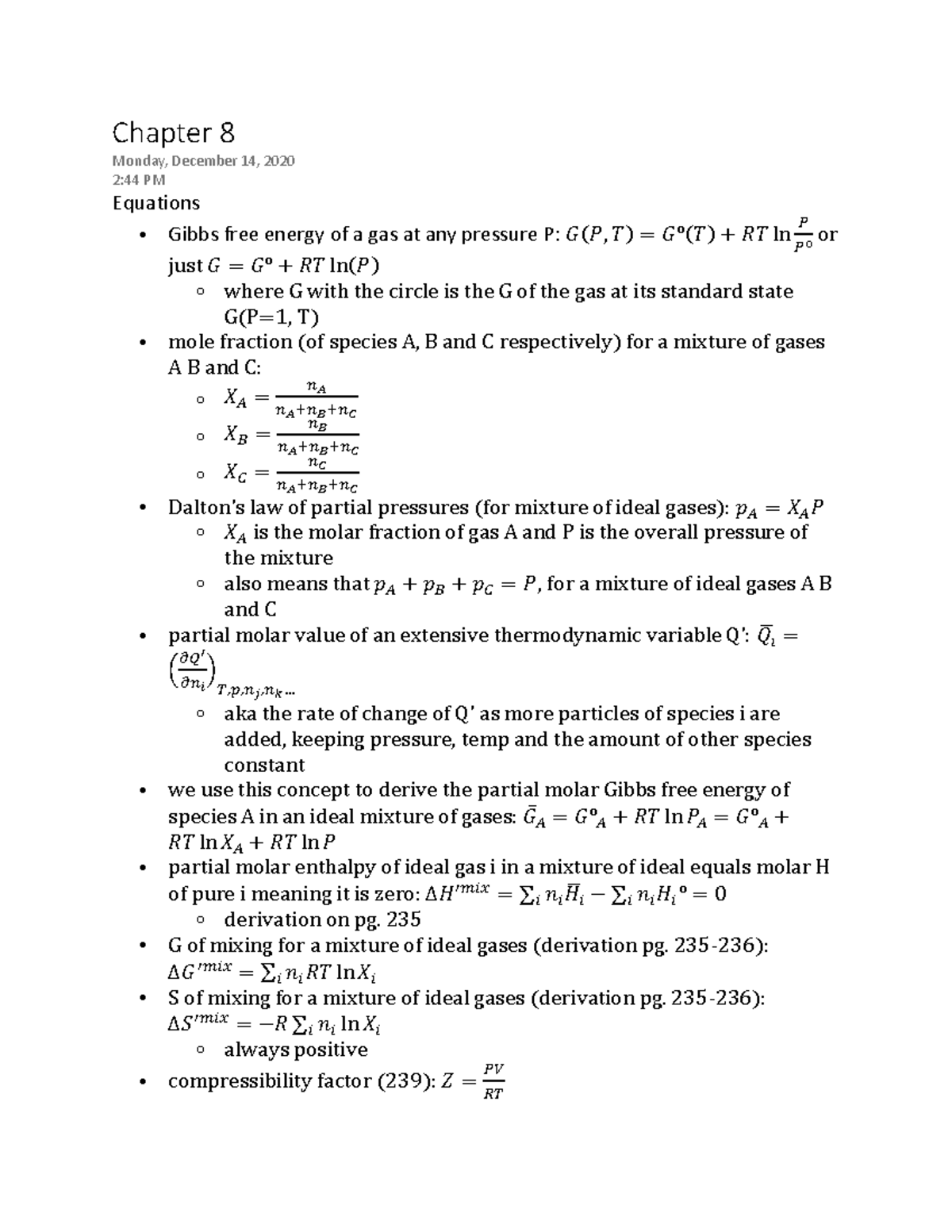 MSE 310 Chapter 8 Summary - Chapter 8 Monday, December 14, 2020 2:44 PM Equations • Gibbs free ...