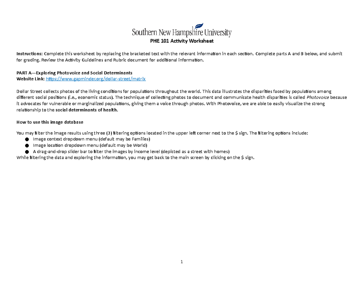 PHE 101 Activity Worksheet - PHE 101 Activity Worksheet Instructions ...