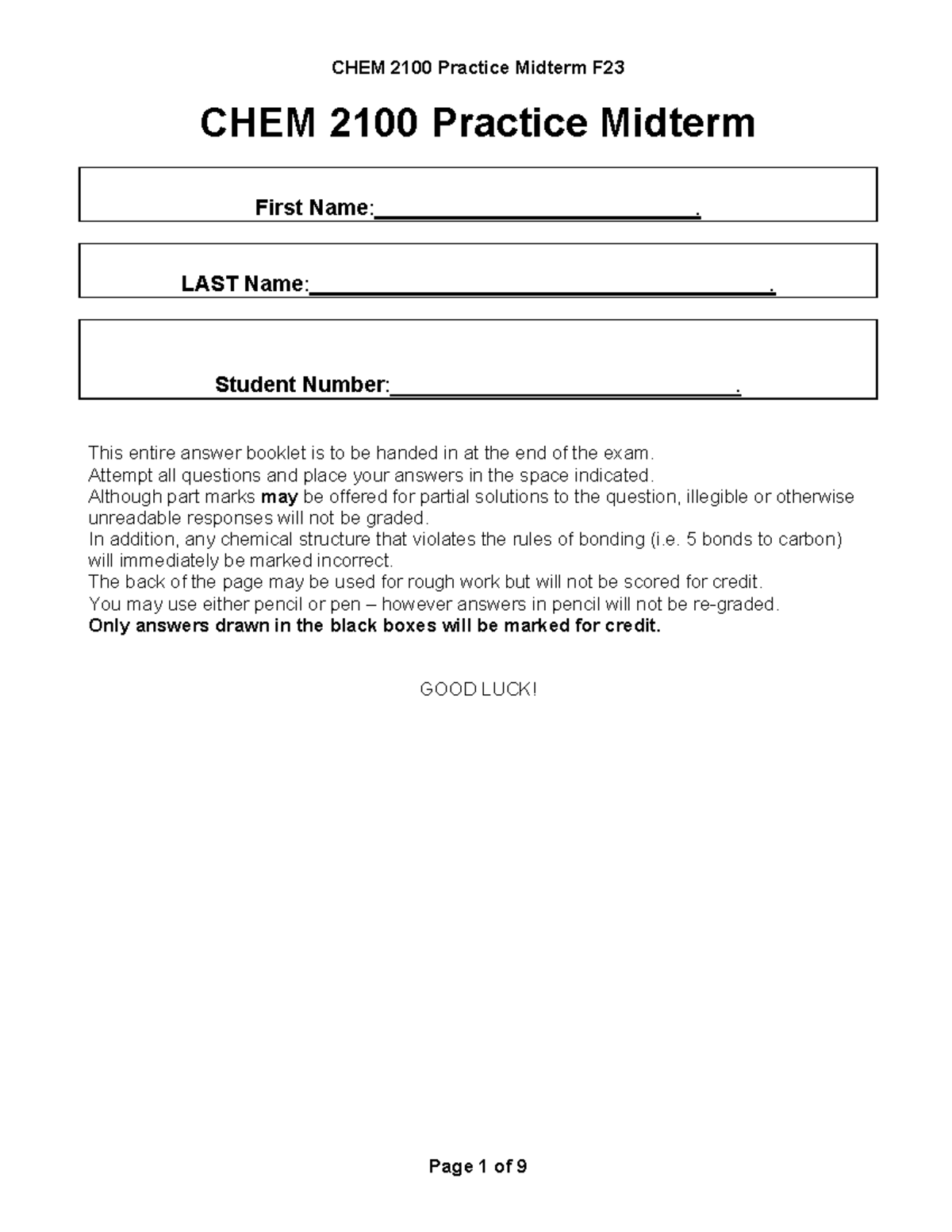 CHEM2100 Practice Midterm Key - CHEM 2100 Practice Midterm First Name ...