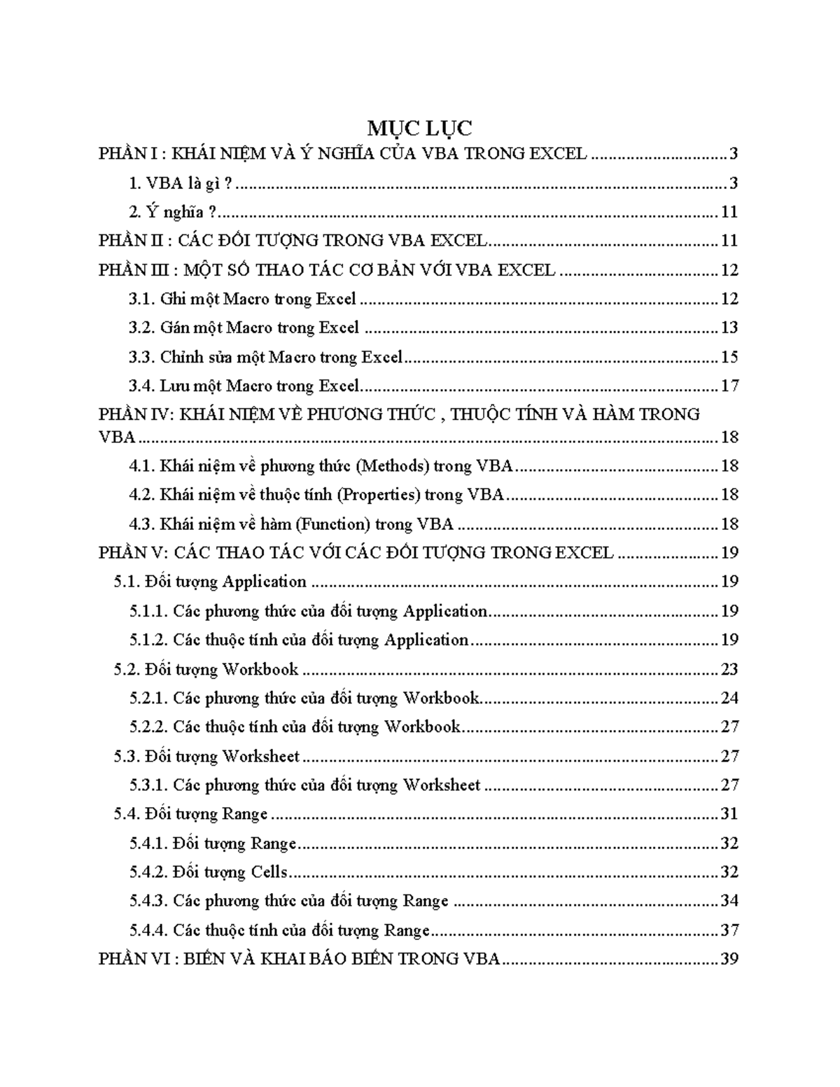 Giao Trinh Vba Giáo Trình Vba MỤc LỤc PhẦn I KhÁi NiỆm VÀ Ý NghĨa CỦa Vba Trong Excel 1