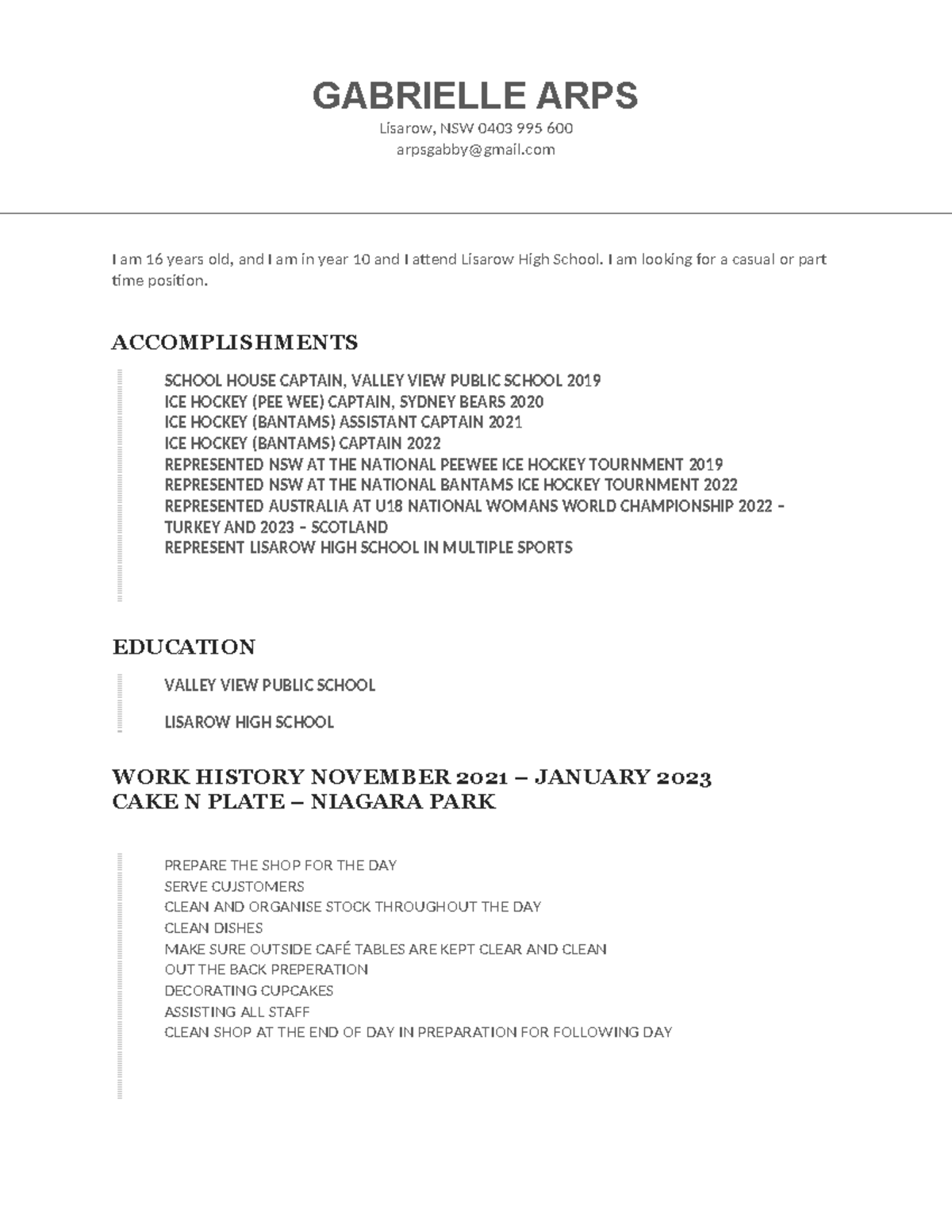 Gabbys Resume 2021 - prelim exam - GABRIELLE ARPS Lisarow, NSW 0403 995 ...