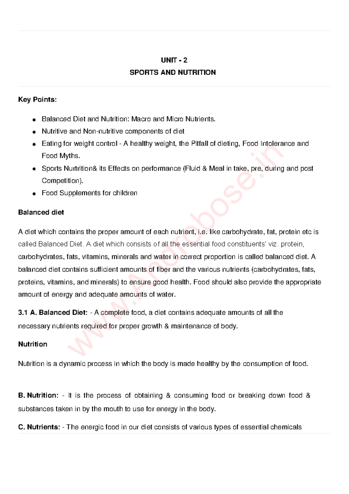 Sports and Nutrition - UNIT - 2 SPORTS AND NUTRITION Key Points ...