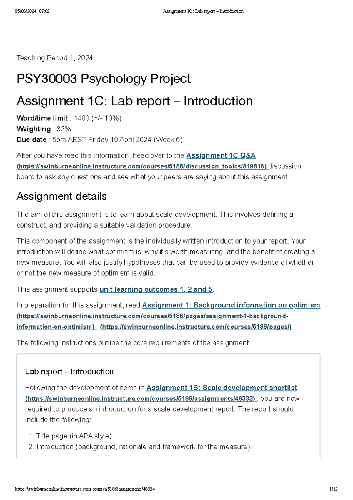 Assignment 1C Lab report – Introduction - Teaching Period 1, 2024 PSY30003 Psychology Project ...