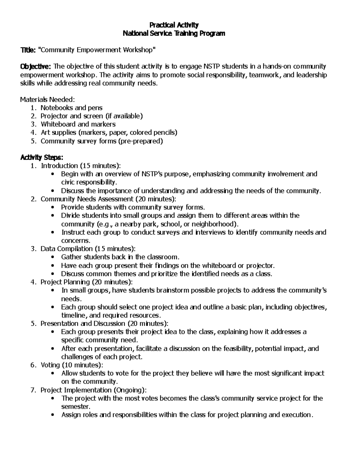 Practical Activity-NSTP - Practical Activity National Service Training ...