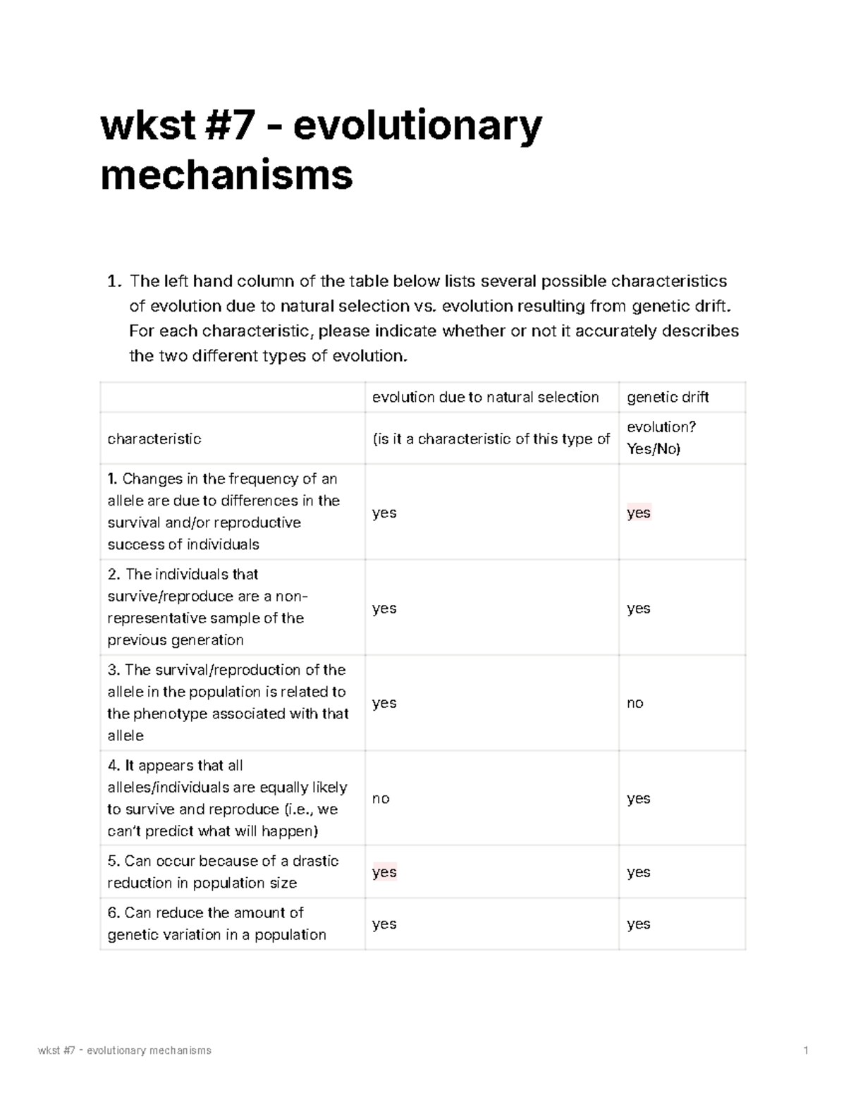 Wkst 7 biol121 - wkst #7 evolutionary mechanisms 1 wkst #7 ...