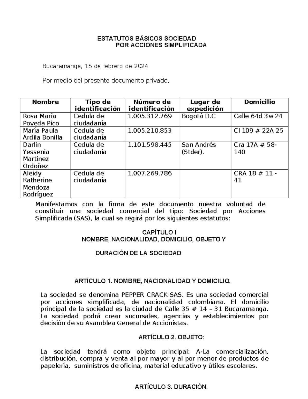 Estatutos Paper Cratf S.A.S - ESTATUTOS BÁSICOS SOCIEDAD POR ACCIONES ...