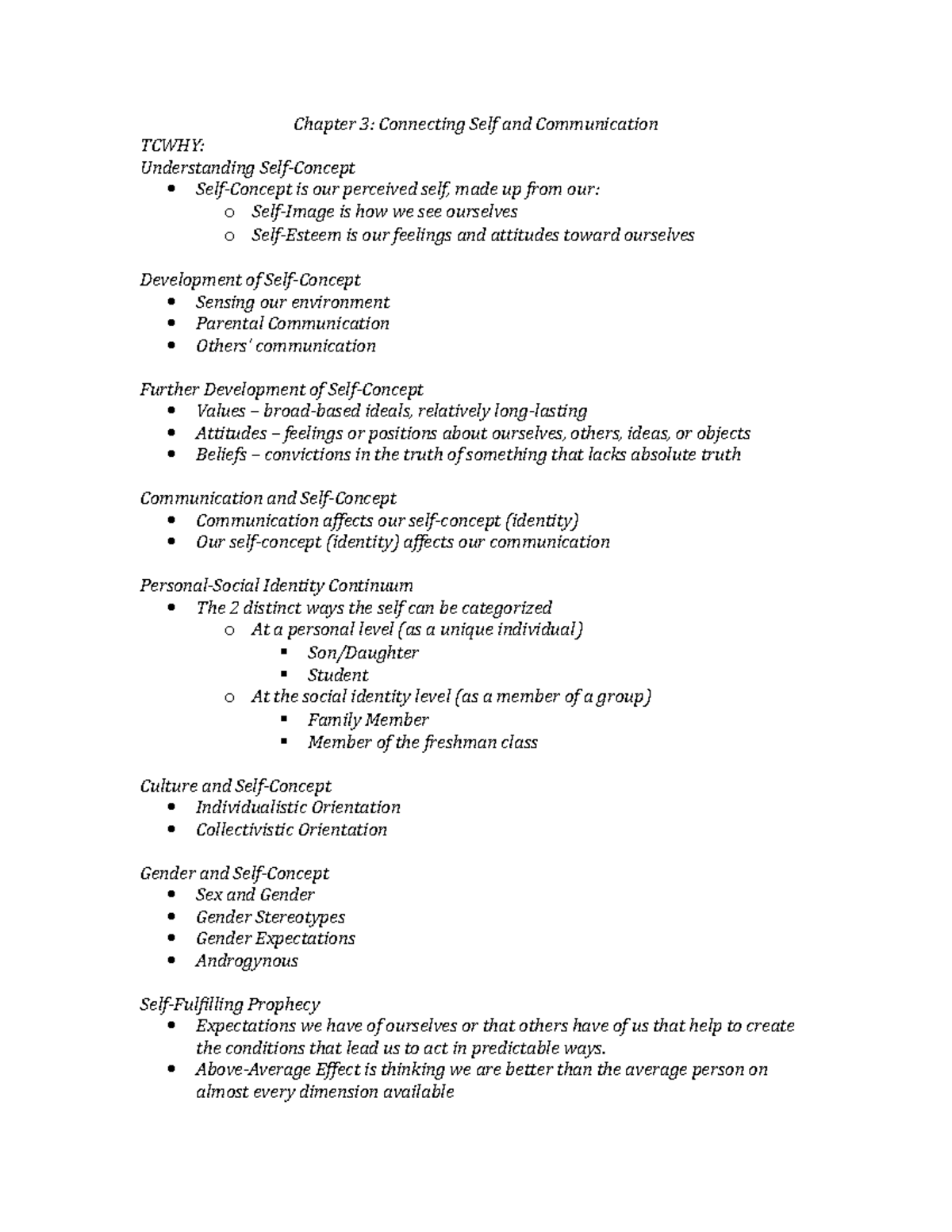 Chapter 3 Notes - Intro To Human Com - Chapter 3: Connecting Self and ...