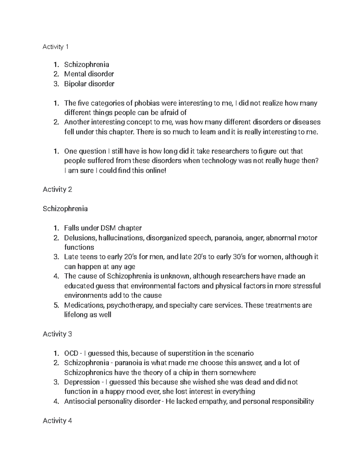 Contribution 14 - Activity 1 1. Schizophrenia 2. Mental disorder 3 ...