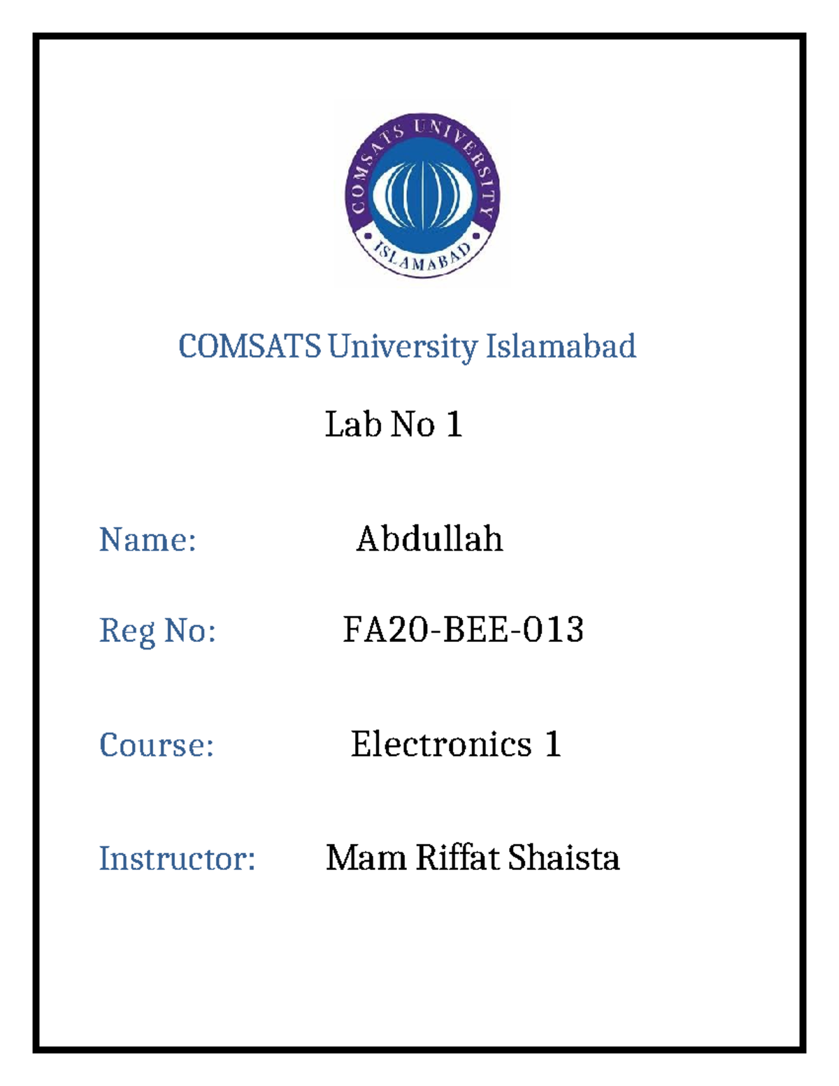 Lab # 1, Osama Sattar, FA19-BEE-172 - COMSATS University Islamabad Lab ...