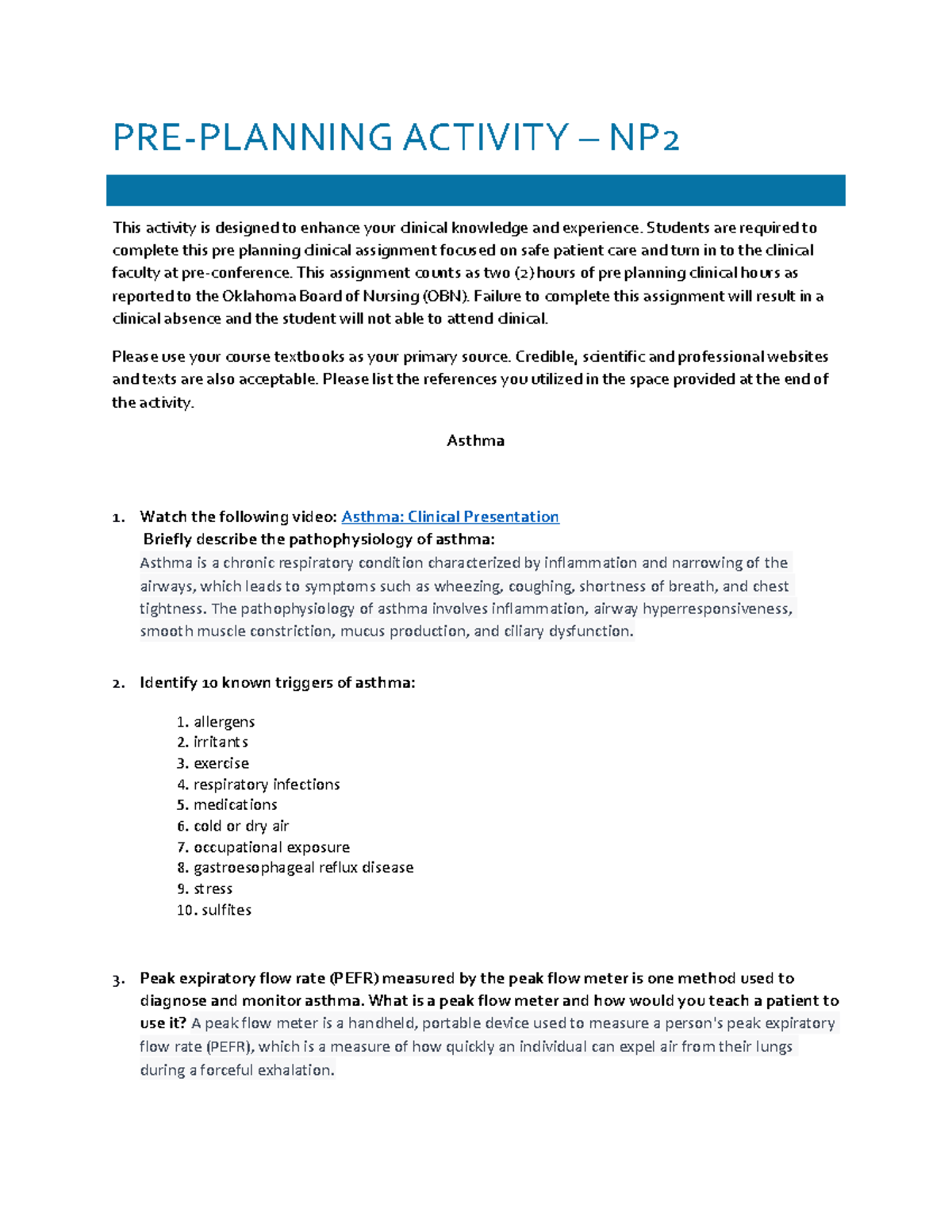 NP 2 Pre-Plan Asthma - Pre-Plan assignment - PRE-PLANNING ACTIVITY – NP ...