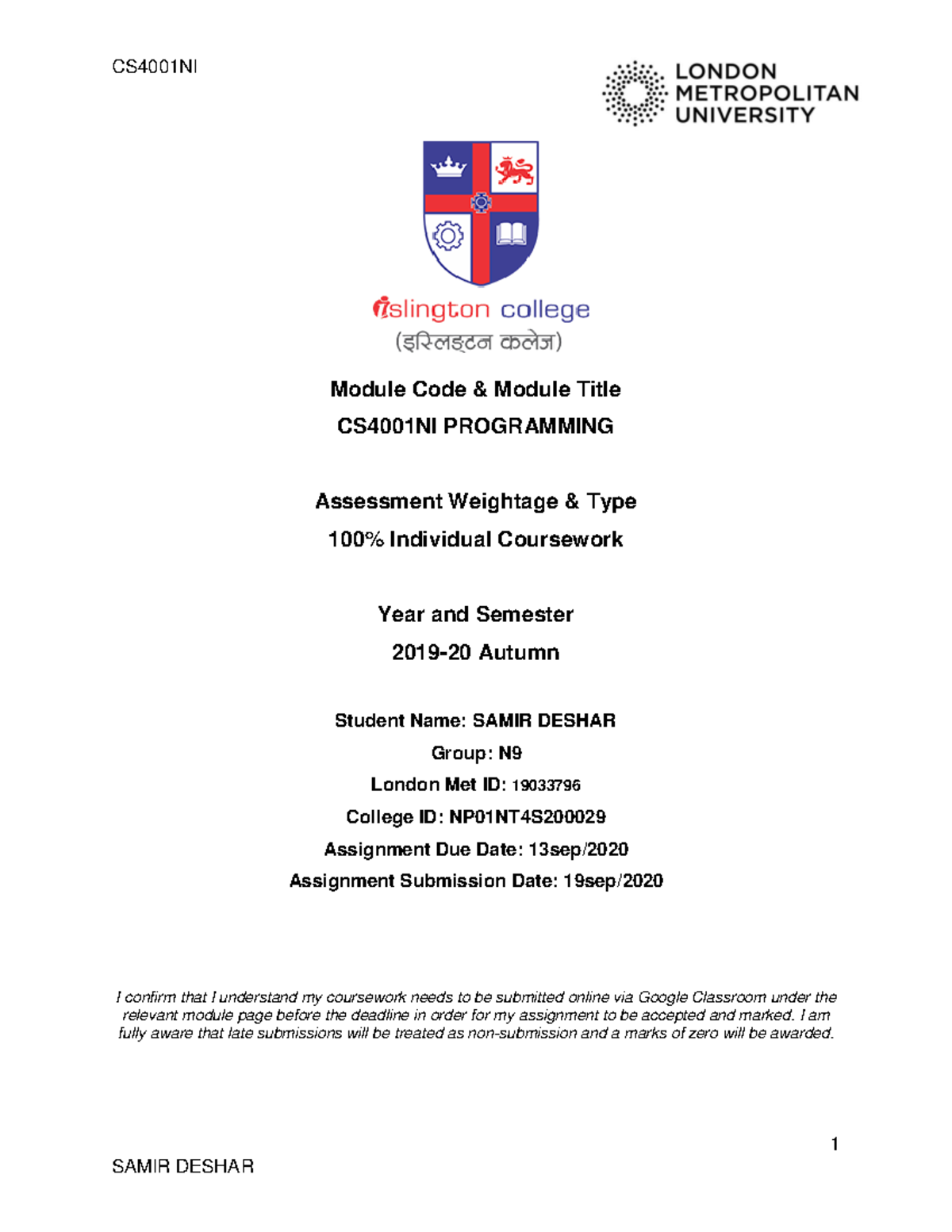 CS4001 NI Programming- Coursework Material- Bsc Computing - 1 Module ...