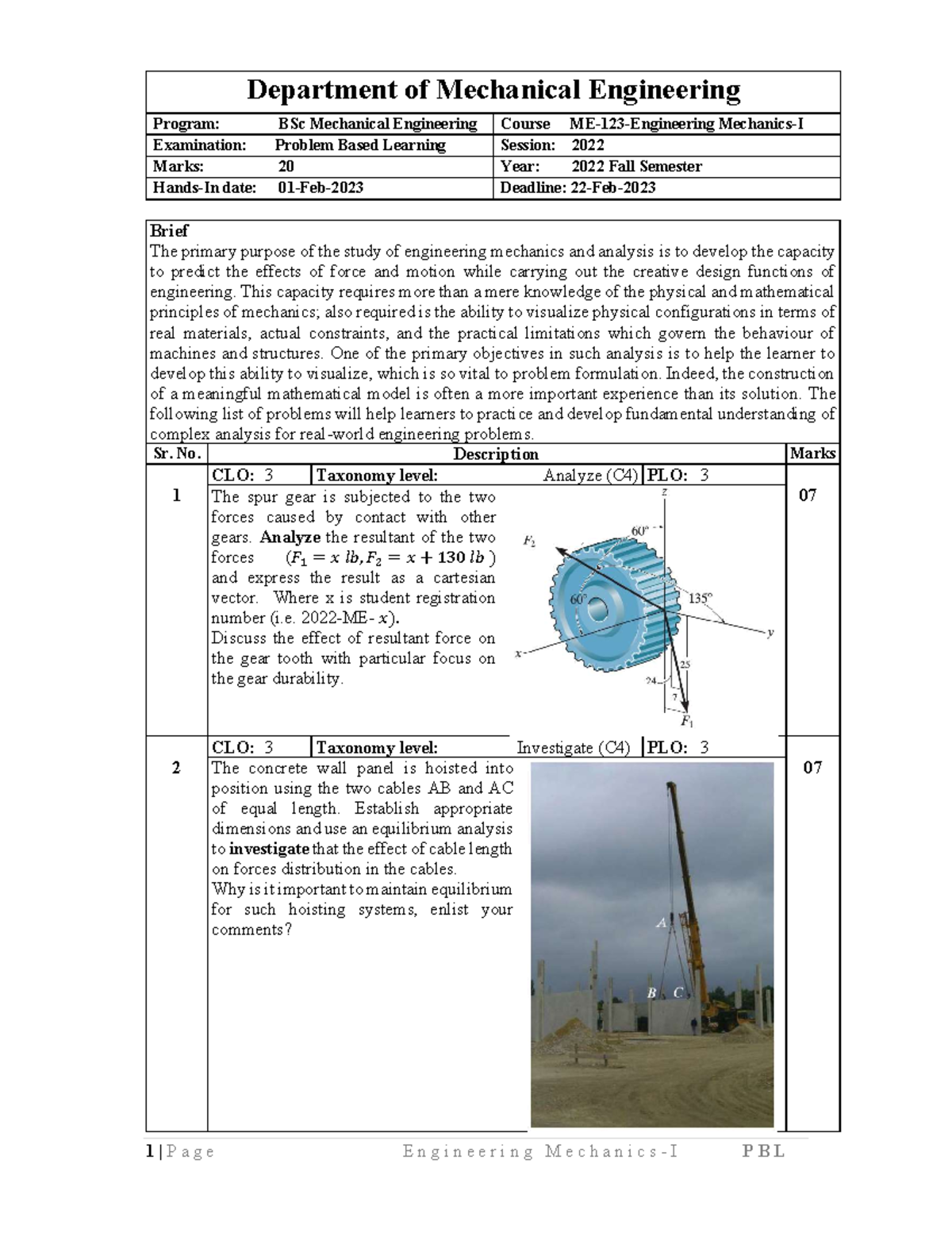 EM-I PBL - 1 | P a g e E n g i n e e r i n g M e c h a n i c s - I P B L Department of ...
