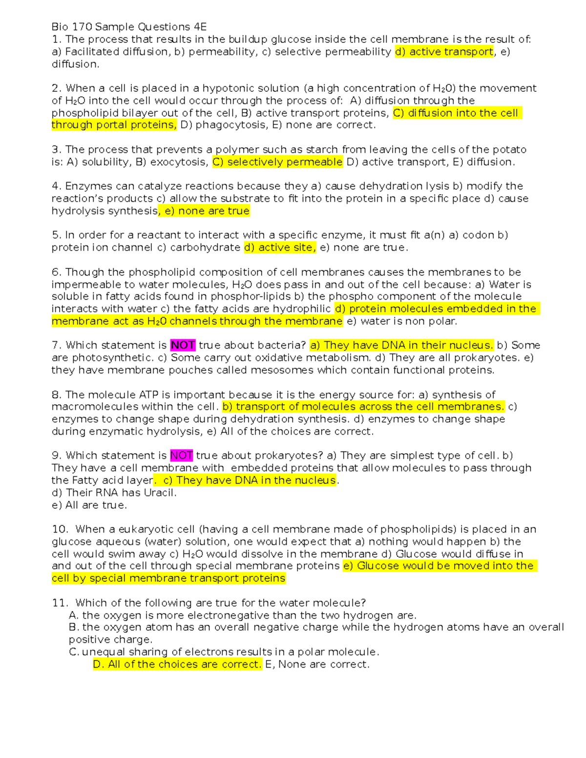 Sample Questions 4B - Bio 170 Sample Questions 4E The process that ...